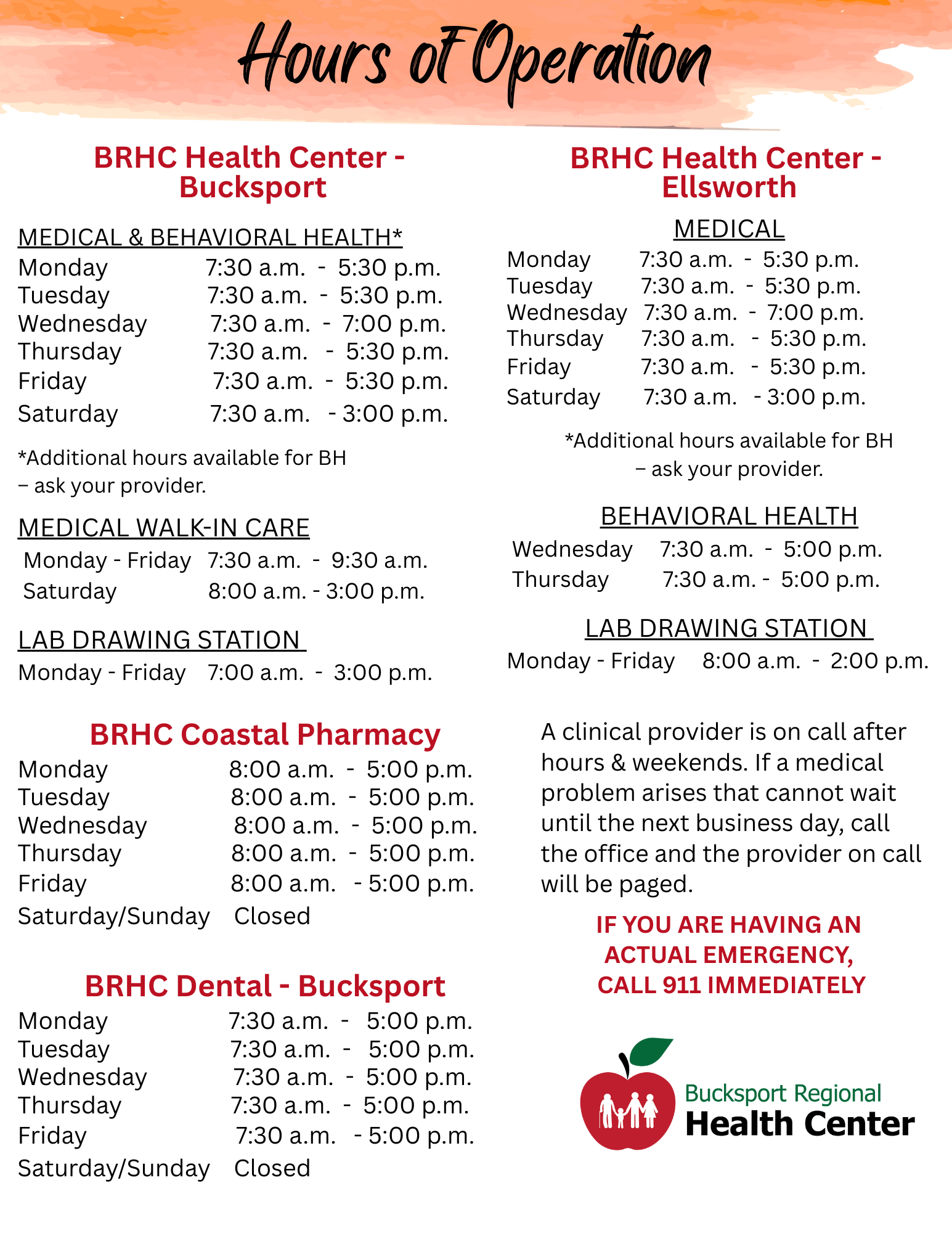 Hours of Operation - Bucksport Regional Health Center